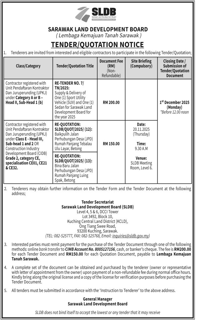 SARAWAK LAND DEVELOPMENT BOARD (TENDER/QUOTATION NOTICE) | Sarawak Tribune