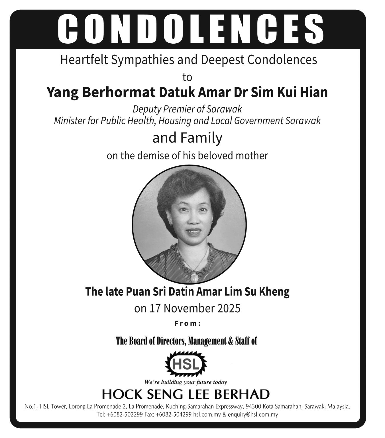 CONDOLENCE TO PUAN SRI DATUK AMAR LIM (HSL) | Sarawak Tribune