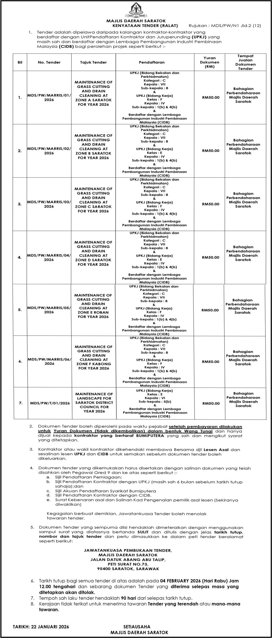 MAJLIS DAERAH SARATOK (KENYATAAN TENDER RALAT) | Sarawak Tribune
