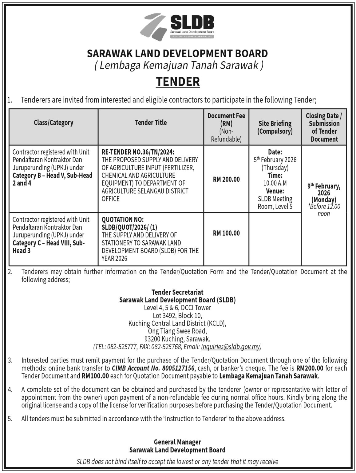 SLDB TENDER | Sarawak Tribune