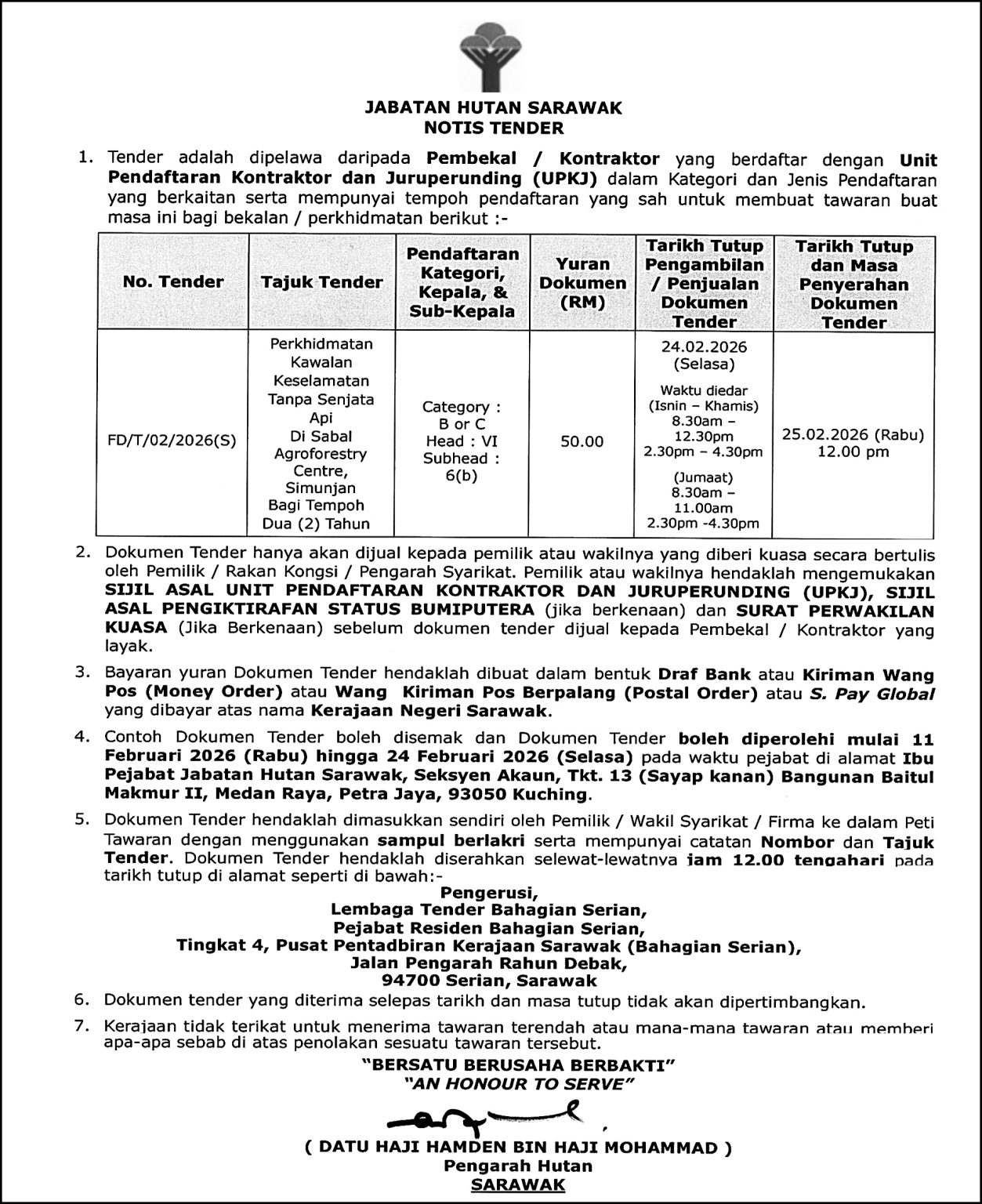 JABATAN HUTAN SARAWAK (TENDER NOTICE 1) | Sarawak Tribune
