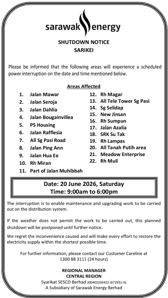 SESCO SARIKEI SHUTDOWN NOTICE (JLN MAWAR) | Sarawak Tribune